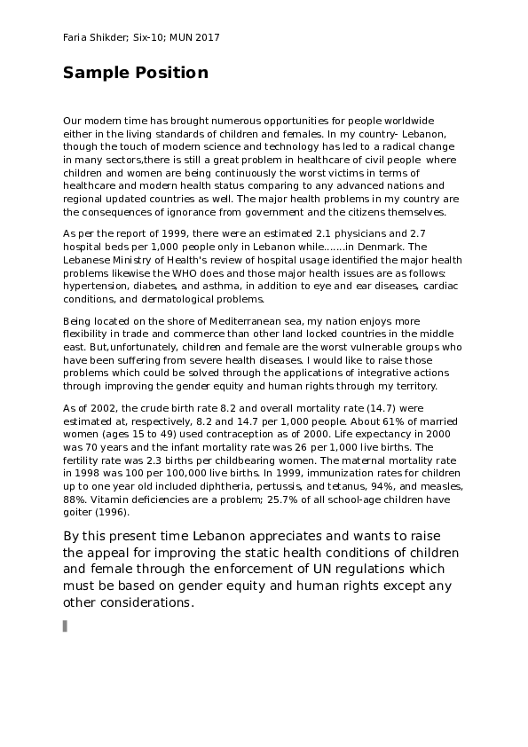 (DOC) Sample Position for Model United Nation Program