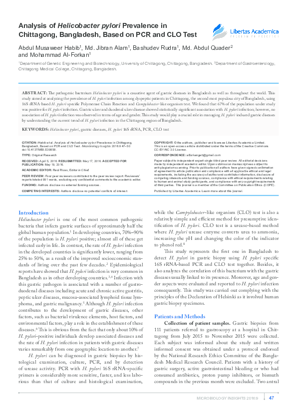 (PDF) Analysis of Helicobacter pylori Prevalence in Chittagong ...