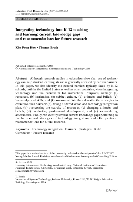 (PDF) Integrating technology into K-12 teaching and learning: current knowledge gaps and ...