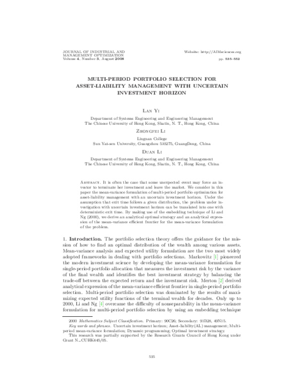 (PDF) MULTI-PERIOD PORTFOLIO SELECTION FOR ASSET-LIABILITY MANAGEMENT WITH UNCERTAIN INVESTMENT ...
