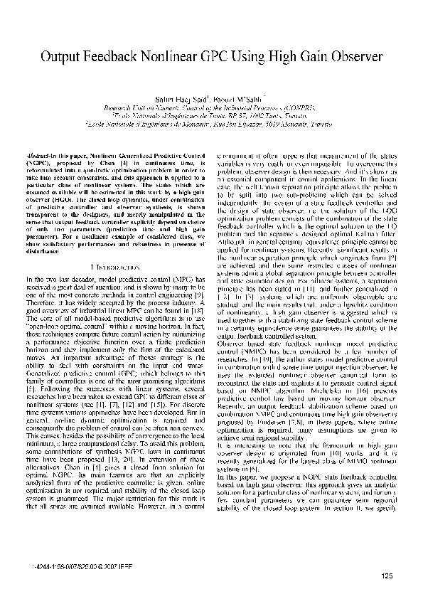 (PDF) Output Feedback Nonlinear GPC Using High Gain Observer