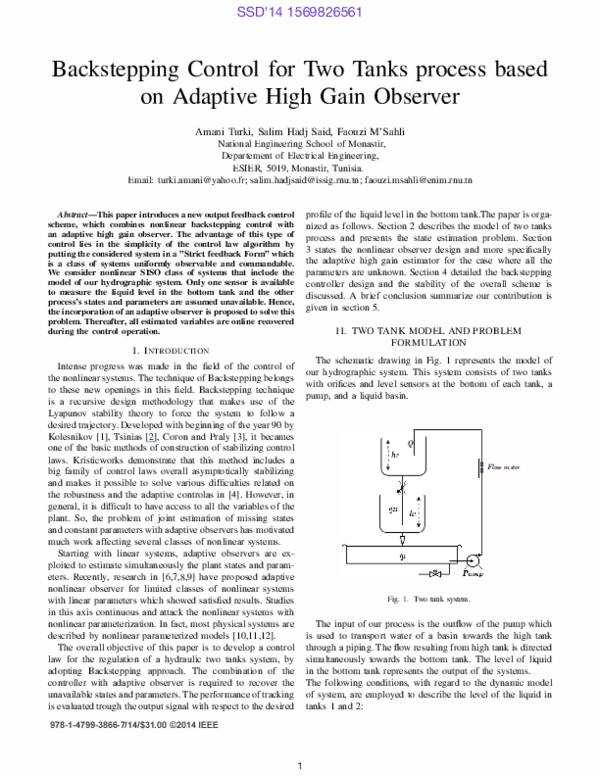 (PDF) Backstepping control for two tanks process based on adaptive high gain observer