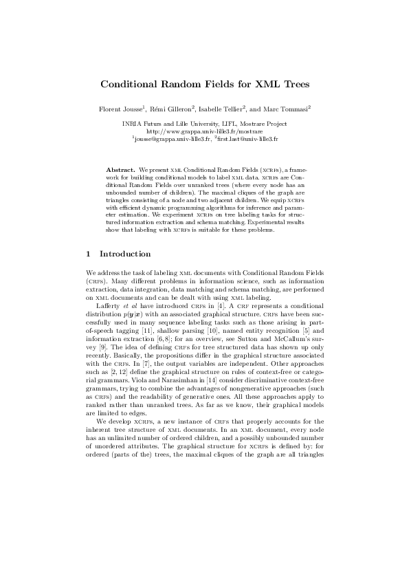 (PDF) Conditional random fields for xml trees | R. Gilleron - Academia.edu