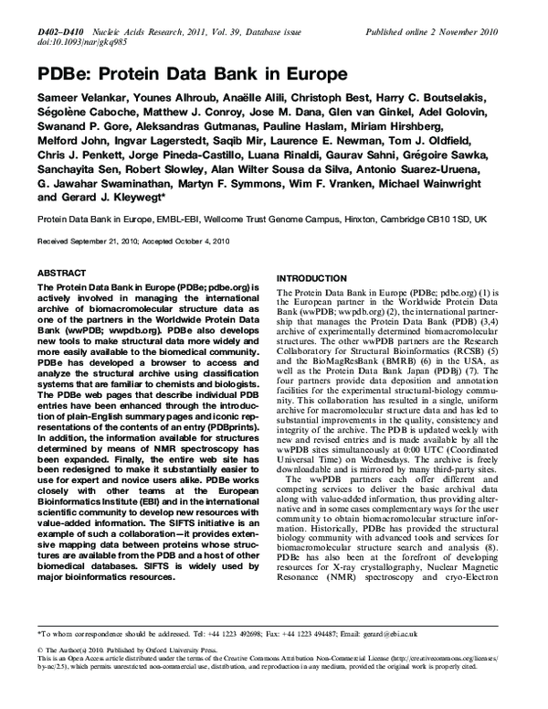 (PDF) PDBe: Protein Data Bank in Europe | N. Cobley and E. Heuson - Academia.edu