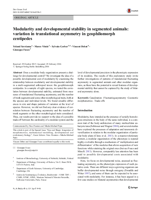 (PDF) Modularity and developmental stability in segmented animals ...