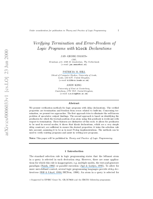 Pdf Verifying Termination And Error Freedom Of Logic Programs With Block Declarations