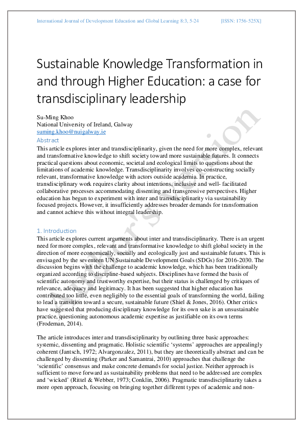 (PDF) Sustainable Knowledge Transformation in and through Higher ...