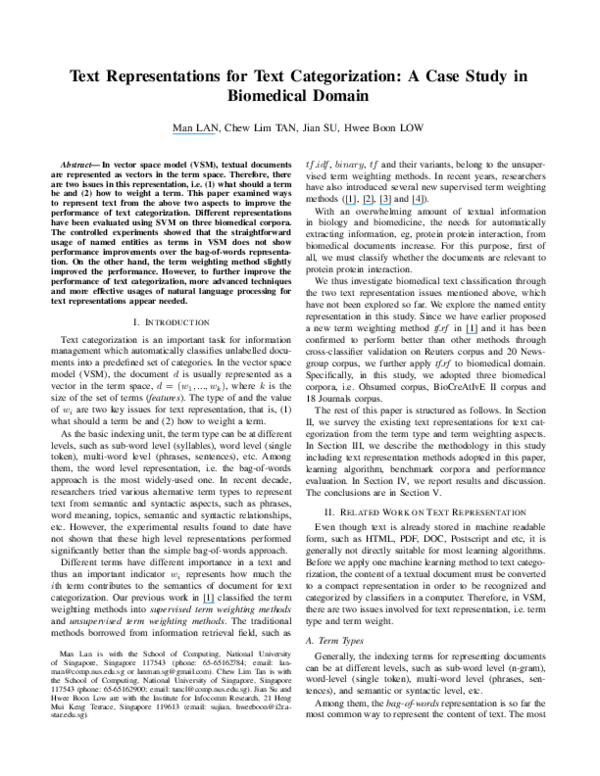 (PDF) Text representations for text categorization: a case study in biomedical domain