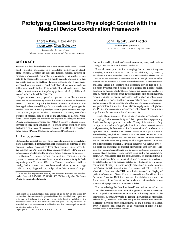 Pdf Prototyping Closed Loop Physiologic Control With The Medical Device Coordination Framework