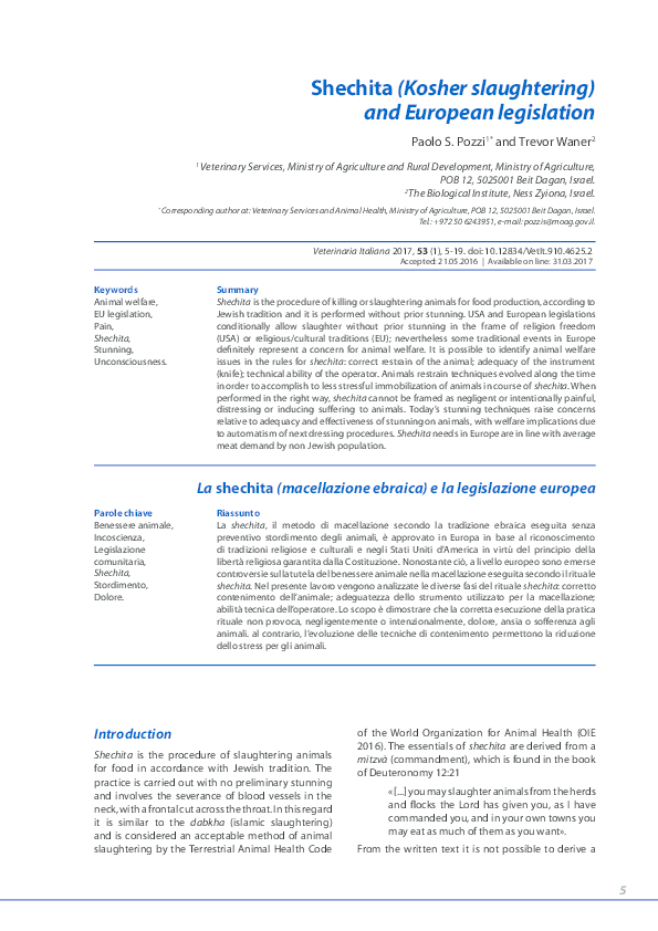 (PDF) Shechita (Kosher slaughtering) and European legislation