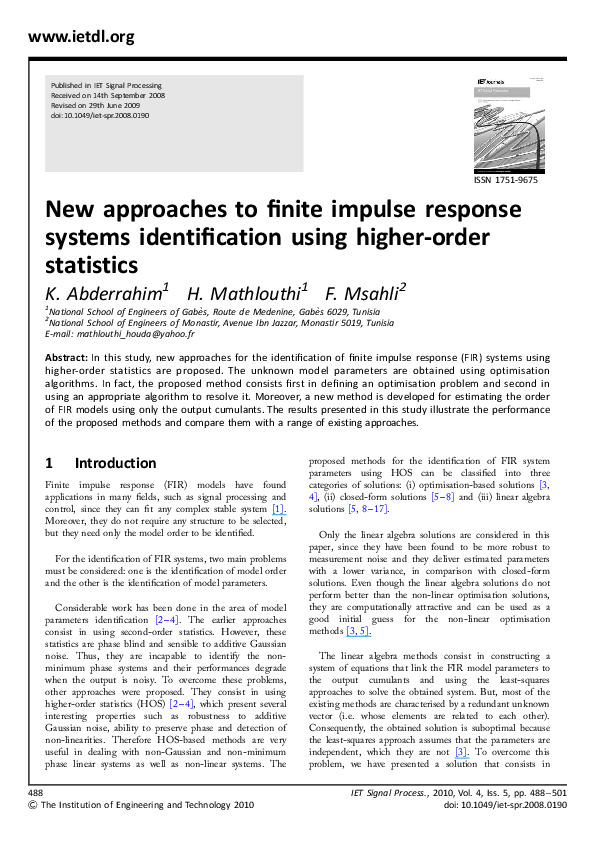 Pdf New Approaches To Finite Impulse Response Systems Identification Using Higher Order Statistics