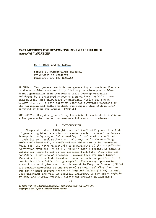 (PDF) Fast methods for generating bivariate discrete random variables (PDF) Fast methods for generating bivariate discrete random variables