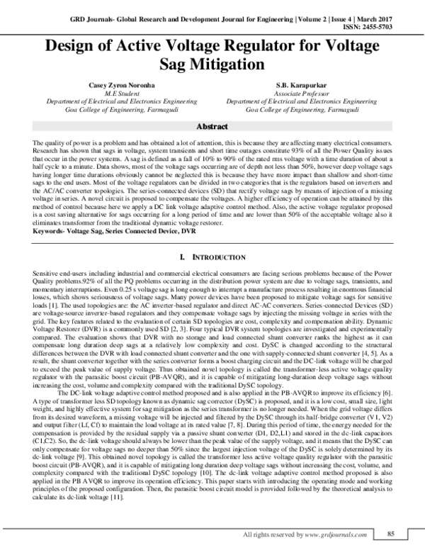 Pdf Design Of Active Voltage Regulator For Voltage Sag Mitigation Grd Journals