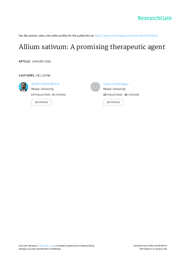 (PDF) Allium sativum: A promising therapeutic agent