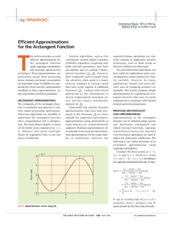 Pdf Efficient Approximations For The Arctangent Function
