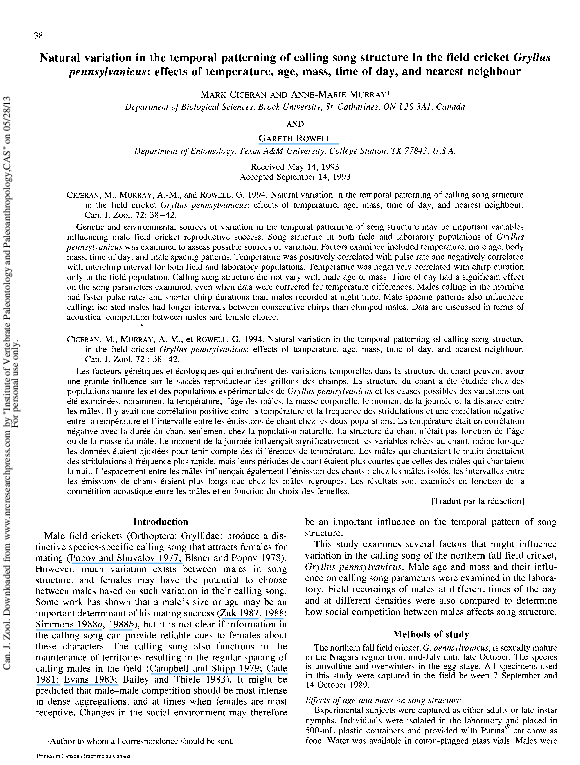 (PDF) Factors Affecting Cricket Song Variability