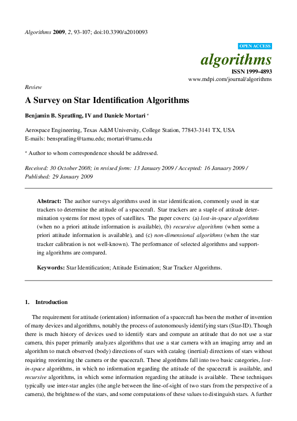(PDF) A Survey on Star Identification Algorithms