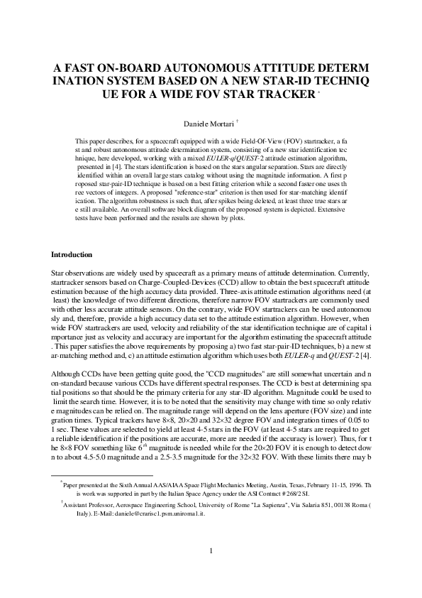 Pdf A Fast On Board Autonomous Attitude Determination System Based On A New Star Id Technique