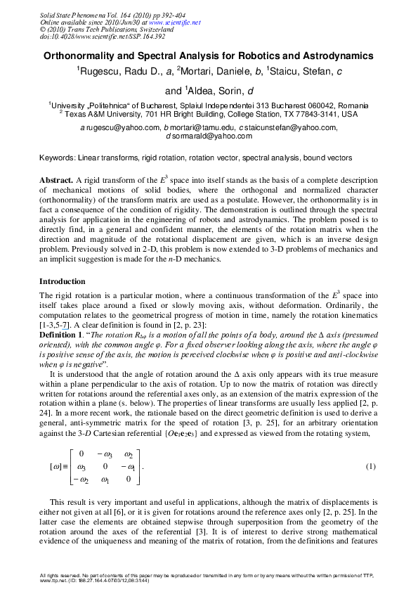 (PDF) Ortonormality and Spectral Analysis for Robotics and Astrodynamics