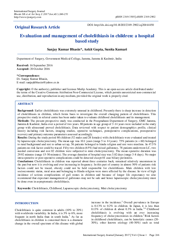 (PDF) Evaluation and management of cholelithiasis in children: a ...