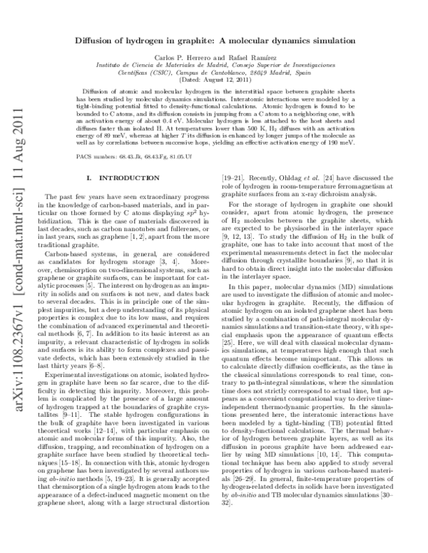 (PDF) Diffusion of hydrogen in graphite: a molecular dynamics simulation