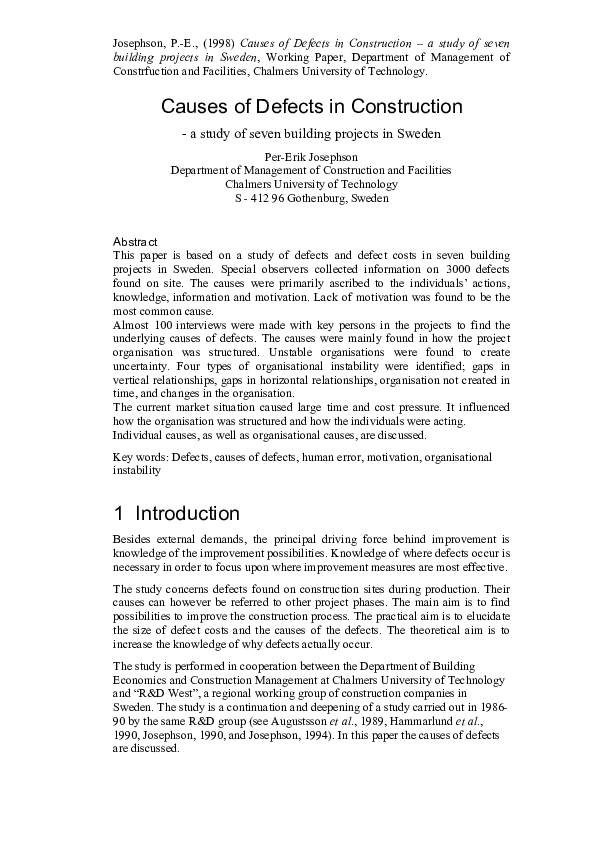 (PDF) Causes of Defects in Construction -a study of seven building ...