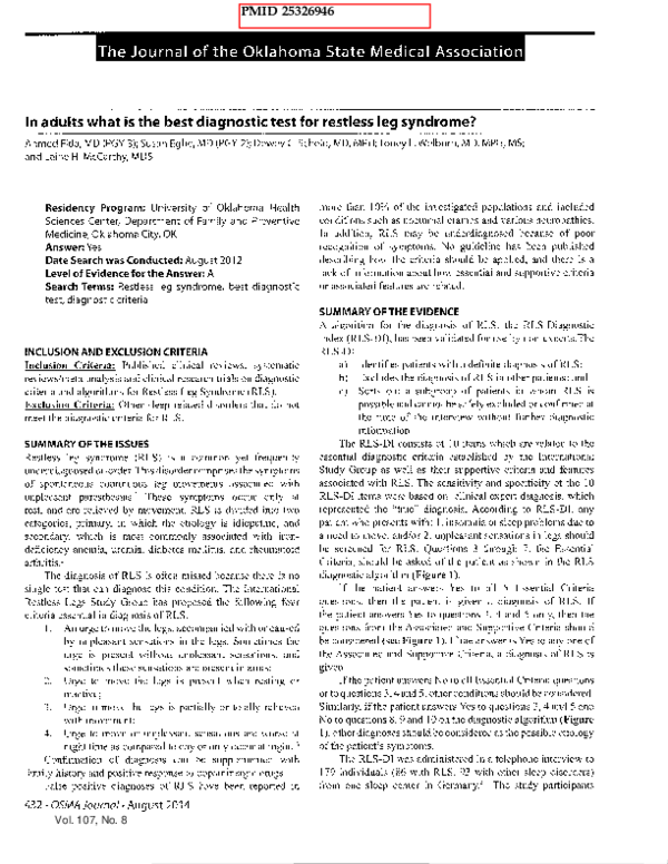 (PDF) In adults what is the best diagnostic test for restless leg syndrome?