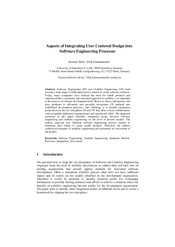 Pdf Aspects Of Integrating User Centered Design Into Software Engineering Processes Karsten