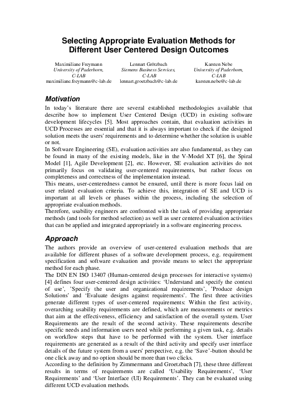 (PDF) Selecting Appropriate Evaluation Methods for Different User Centered Design Outcomes