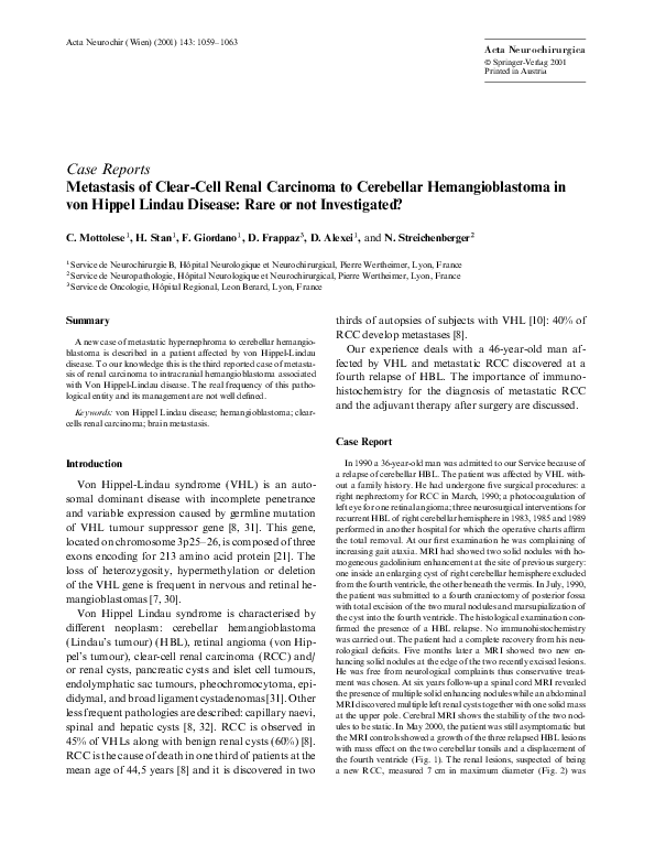 (PDF) Metastasis of Clear-Cell Renal Carcinoma to Cerebellar Hemangioblastoma in von Hippel ...