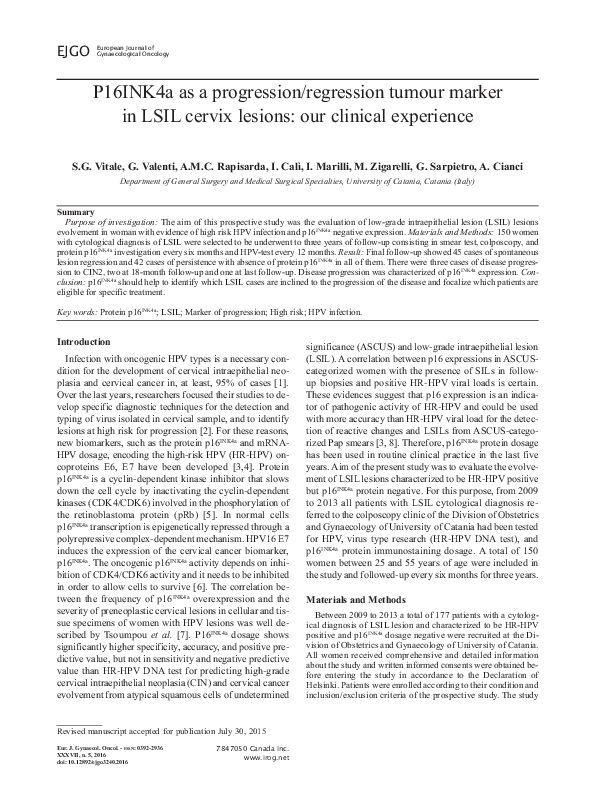 (PDF) P16INK4a as a progression/regression tumour marker in LSIL cervix ...