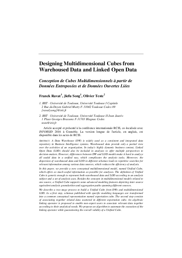 (PDF) Designing Multidimensional Cubes from Warehoused Data and Linked Open Datas | Olivier ...