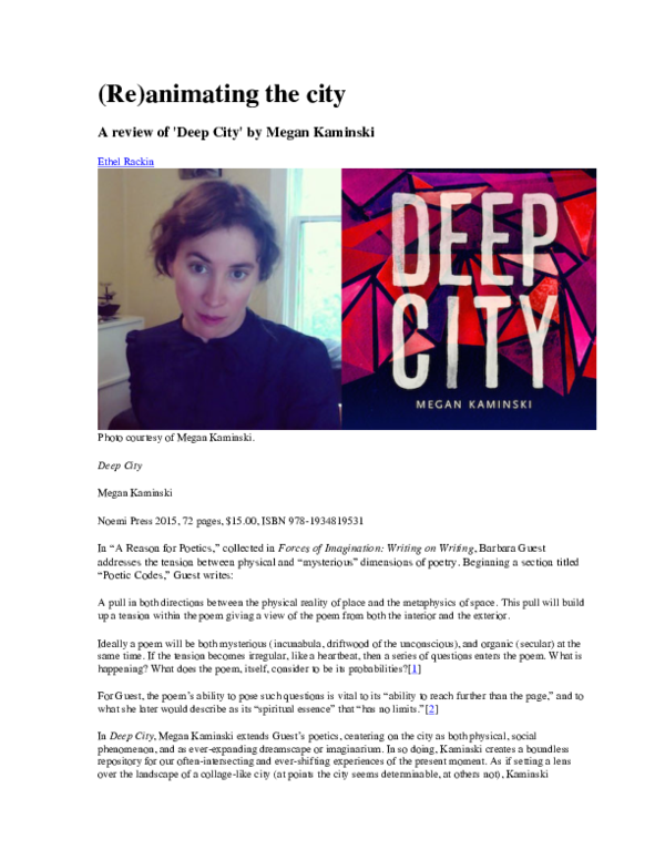(PDF) (Re)animating the city: A review of 'Deep City' by Megan Kaminski