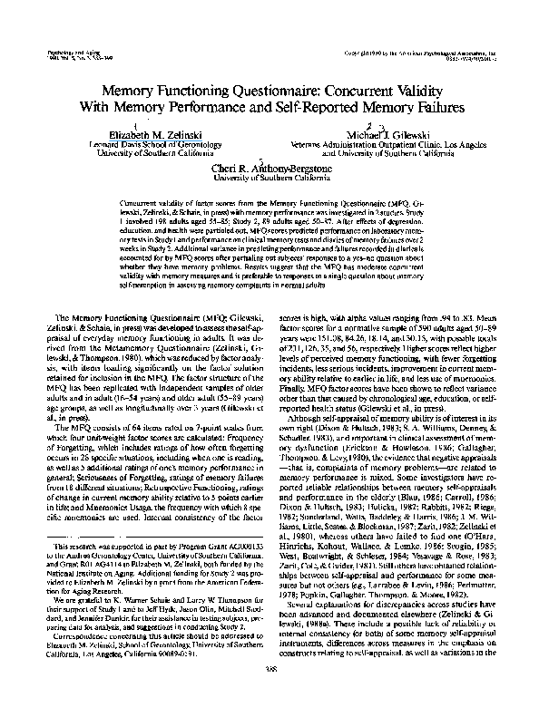 (PDF) Memory Functioning Questionnaire: Concurrent validity with memory ...
