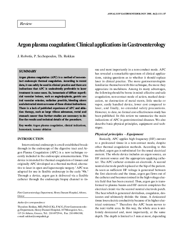 Argon plasma coagulation: Clinical applications in Gastroenterology