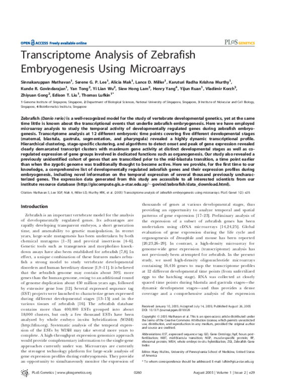 (PDF) Transcriptome Analysis of Zebrafish Embryogenesis Using ...