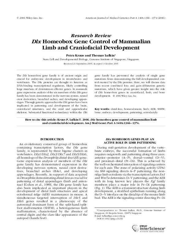 (PDF) Dlx homeobox gene control of mammalian limb and craniofacial ...