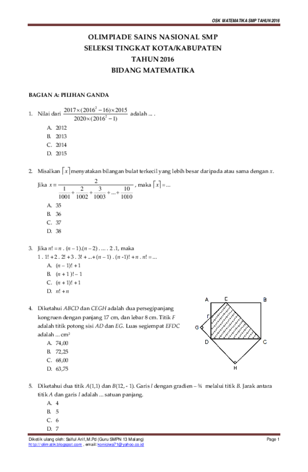 (PDF) OLIMPIADE SAINS NASIONAL SMP SELEKSI TINGKAT KOTA/KABUPATEN TAHUN 2016 BIDANG MATEMATIKA