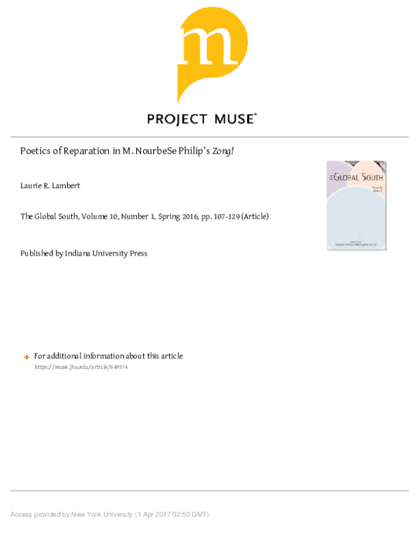 (PDF) Poetics of Reparation in M. NourbeSe Philip's Zong