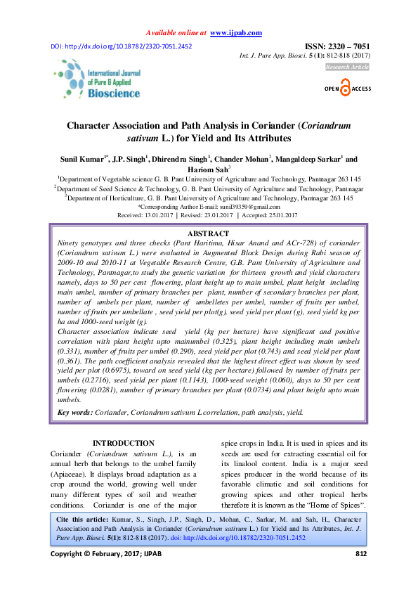 (PDF) Character Association and Path Analysis in Coriander (Coriandrum sativum L.) for Yield and ...