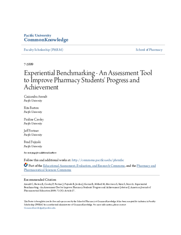 (PDF) Experiential Benchmarking - An Assessment Tool to Improve Pharmacy Students' Progress and ...