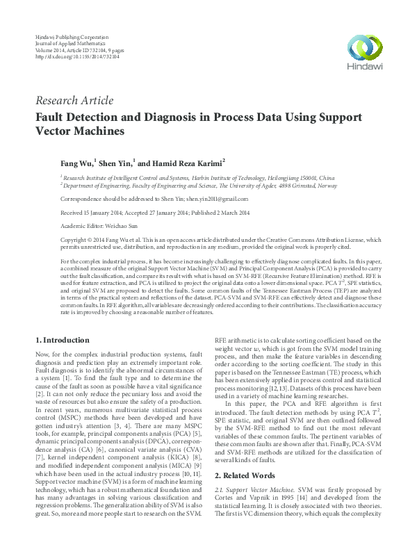 Pdf Fault Detection And Diagnosis In Process Data Using Support