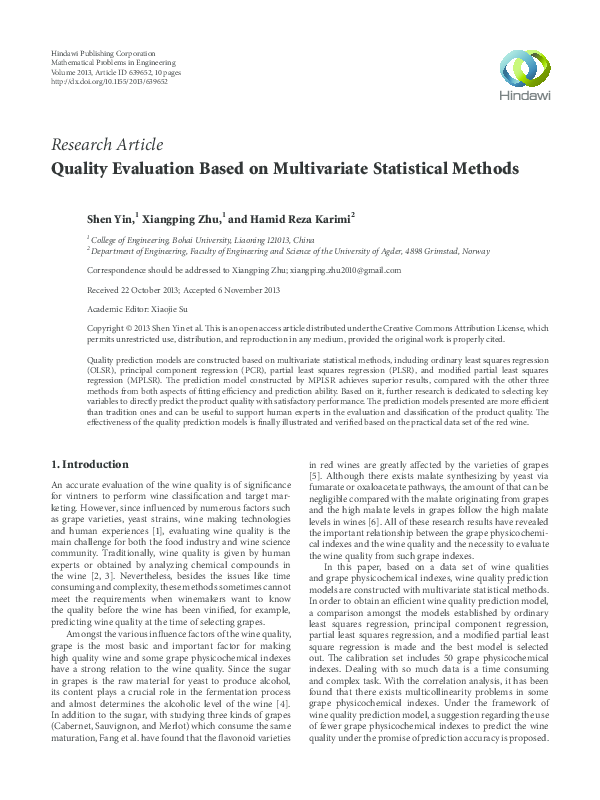 Pdf Quality Evaluation Based On Multivariate Statistical Methods