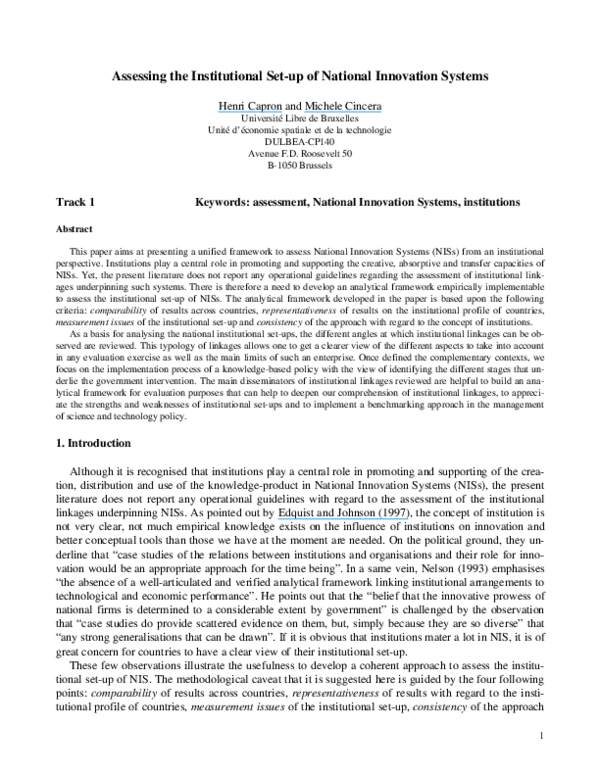 (PDF) Assessing the institutional set-up of national innovation systems
