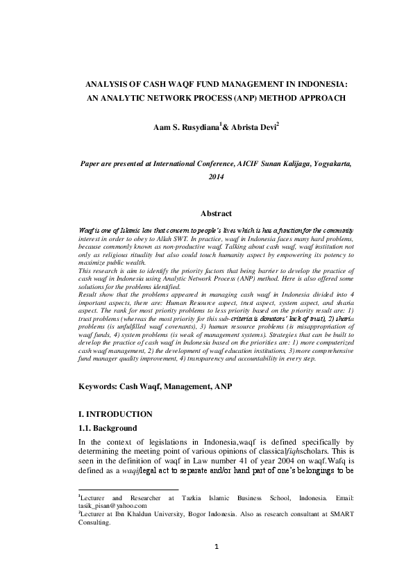 (PDF) ANALYSIS OF CASH WAQF FUND MANAGEMENT IN INDONESIA: AN ANALYTIC NETWORK PROCESS (ANP ...
