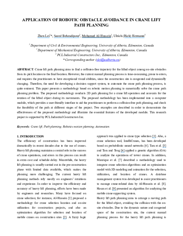 (PDF) Application of Robotic Obstacle Avoidance in Crane Lift Path Planning