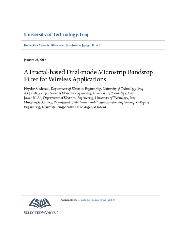 Pdf A Fractal Based Dual Mode Microstrip Bandstop Filter For Wireless Applications Dr