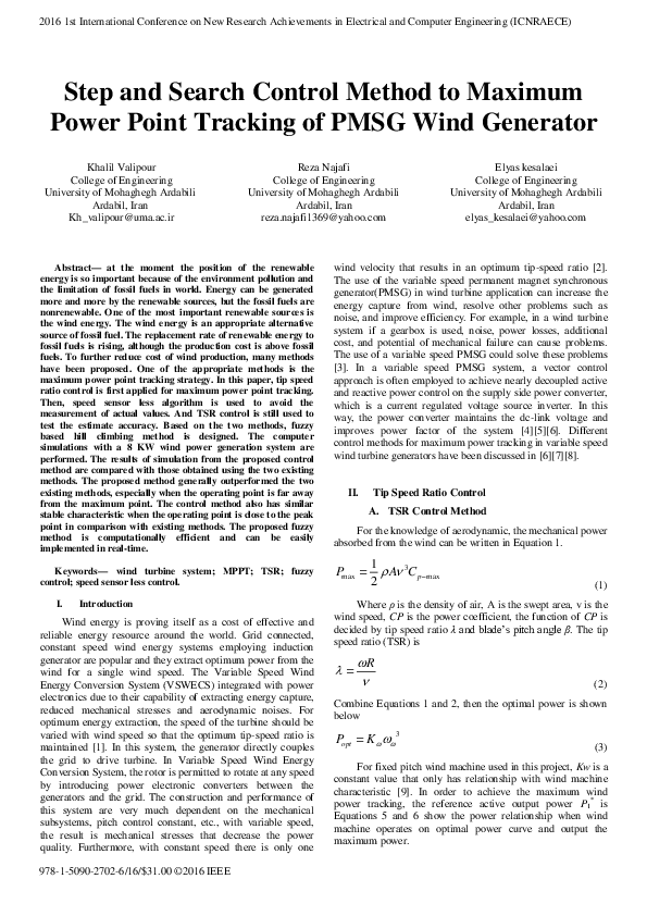 (PDF) Step and Search Control Method to Maximum Power Point Tracking of PMSG Wind Generator