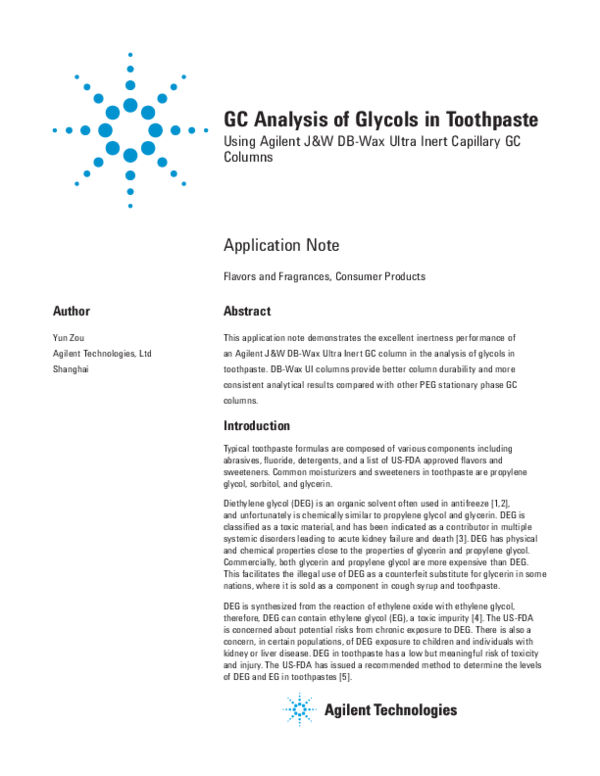 Pdf Gc Analysis Of Glycols In Toothpaste Using Agilent Jandw Db Wax