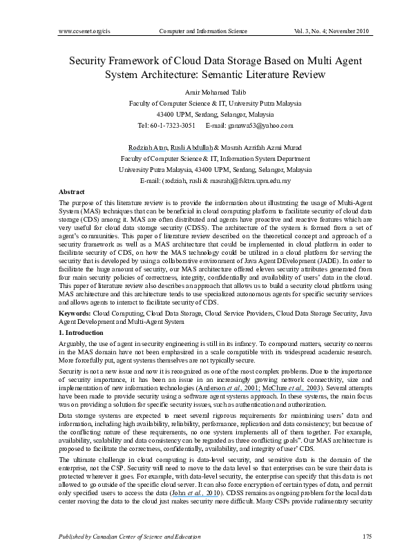 (PDF) Security Framework of Cloud Data Storage Based on Multi Agent System Architecture ...